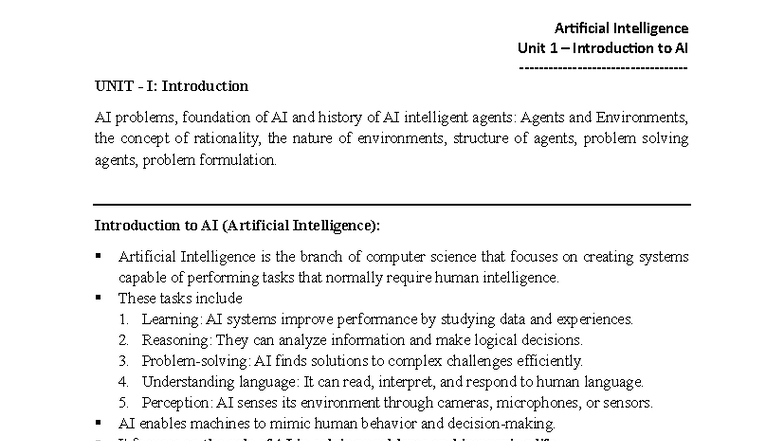 AI (III CSE) - Unit 1 - Introduction to Artificial Intelligence and ...