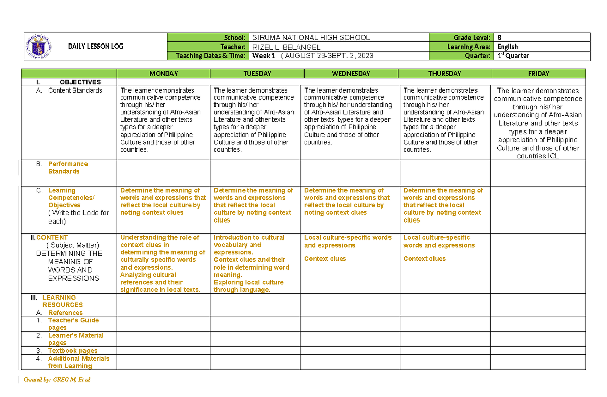 Eng8 Wk1 - English first week lesson plan for first quarter - DAILY ...