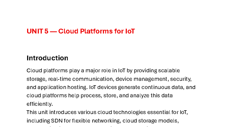 Unit 5: Cloud Platforms for IoT - Key Concepts and Technologies - Studocu