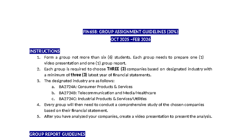 FIN658: Group Assignment Guidelines for Video & Report 2025-2026 - Studocu