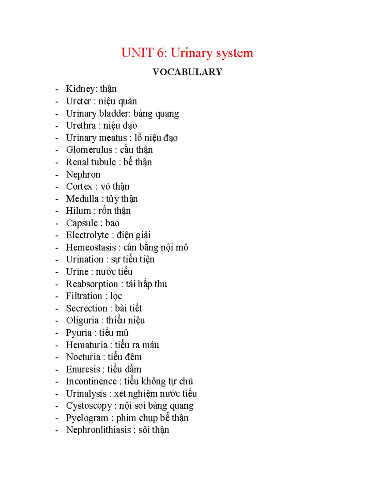 UNIT 6: Urinary System Vocabulary and Terminology - Studocu