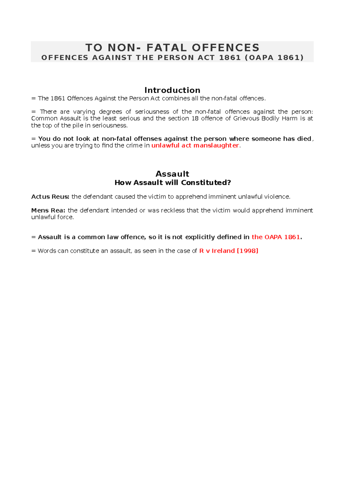 OAPA 1861: Summary of Non-Fatal Offences Against the Person - Studocu