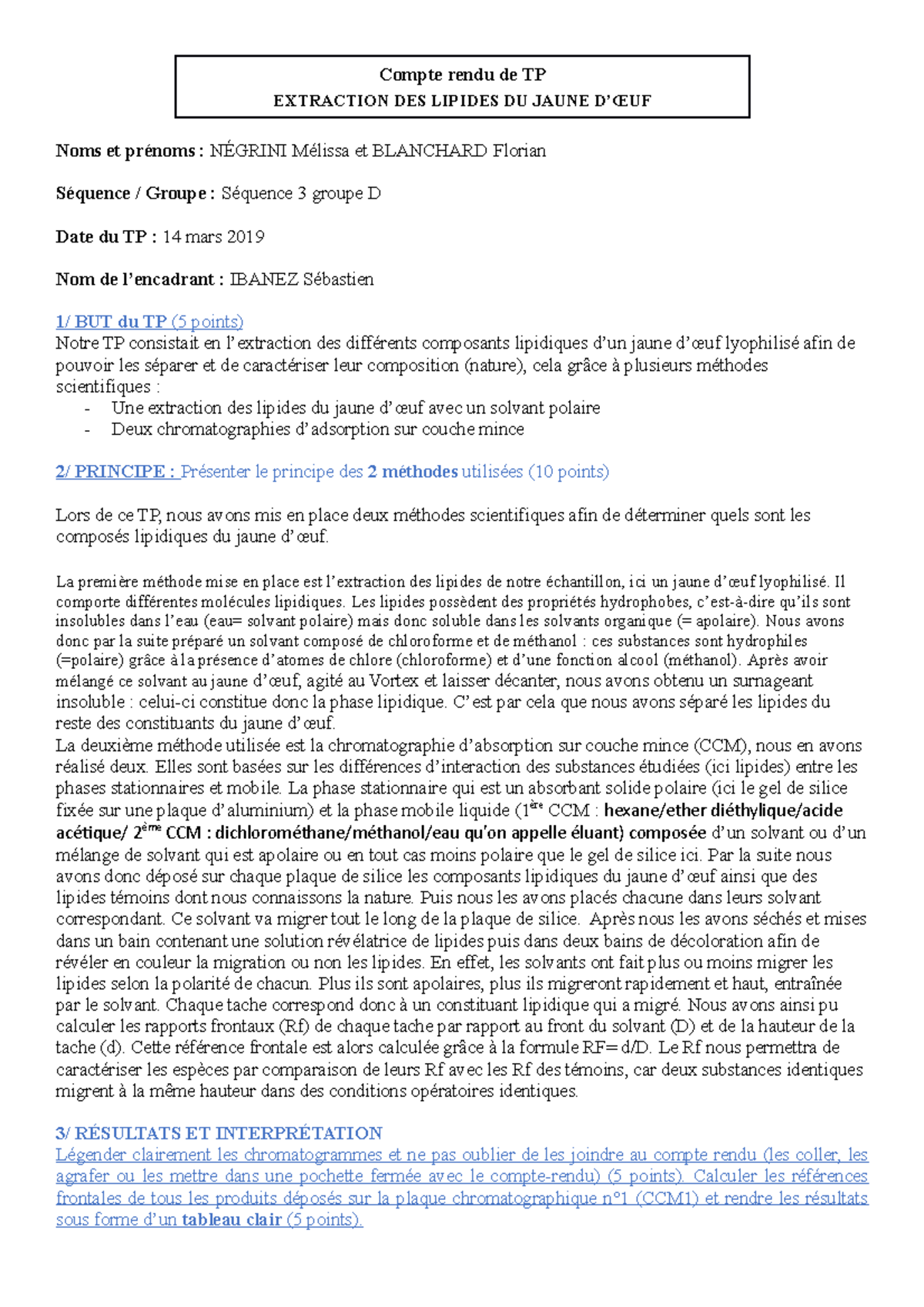 Compte rendu TP lipides - Compte rendu de TP EXTRACTION DES LIPIDES DU JAUNE D’ŒUF Noms et ...