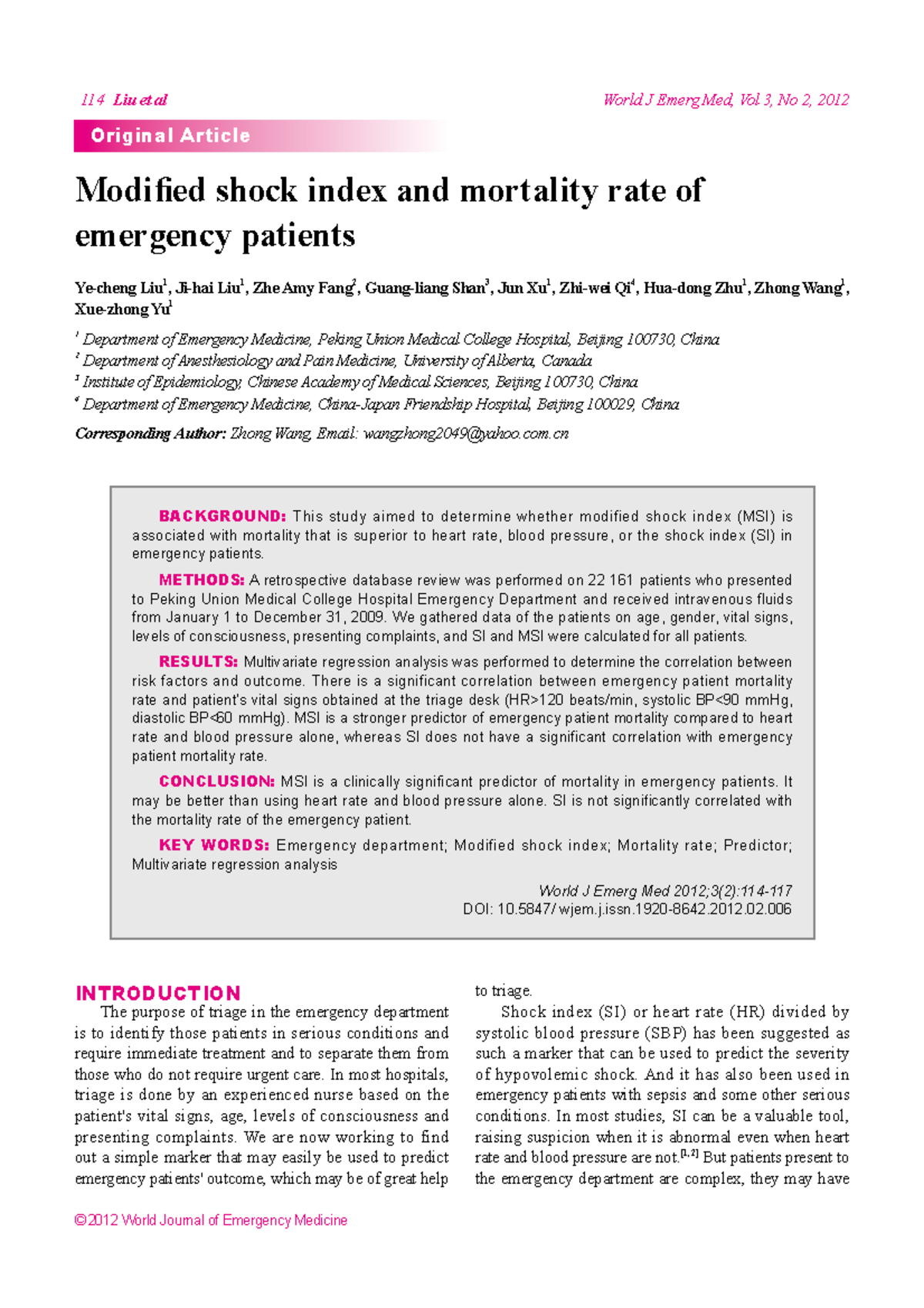 Modified Shock Index and Mortality in Emergency Patients (WJEM-3-114 ...