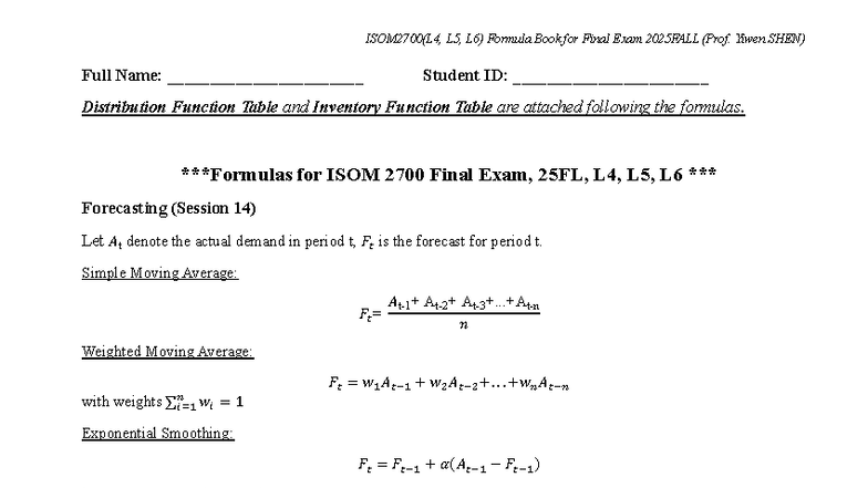 ISOM2700(L4, L5, L6) Final Exam Formula Book 2025FALL - Studocu
