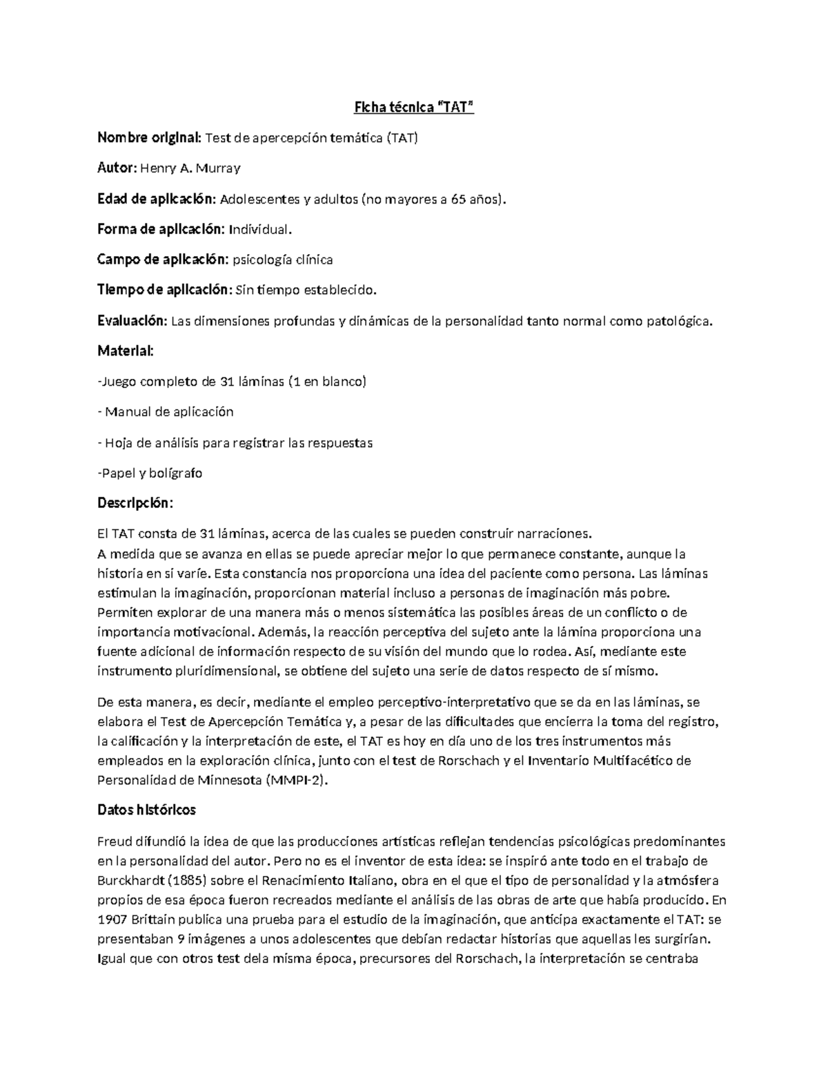 TAT - Test de Apercepción Temática: Ficha Técnica y Aplicación - Studocu
