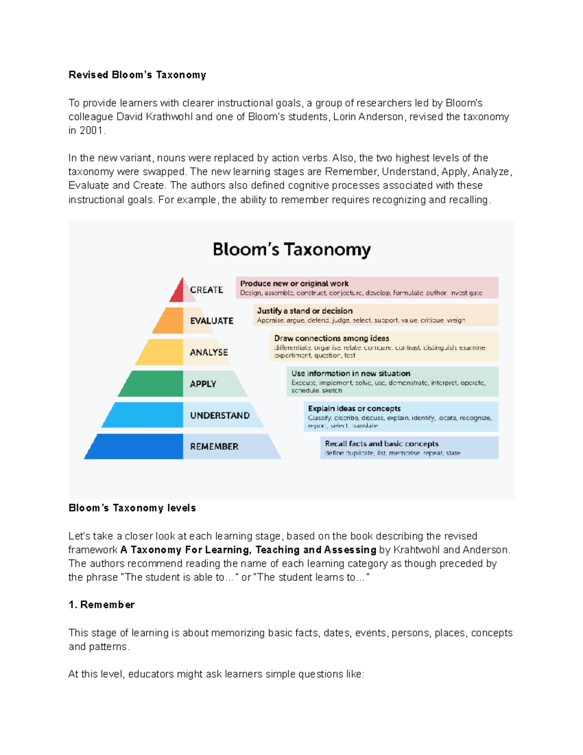 Revised Bloom's Taxonomy - Revised Bloom’s Taxonomy To provide learners ...