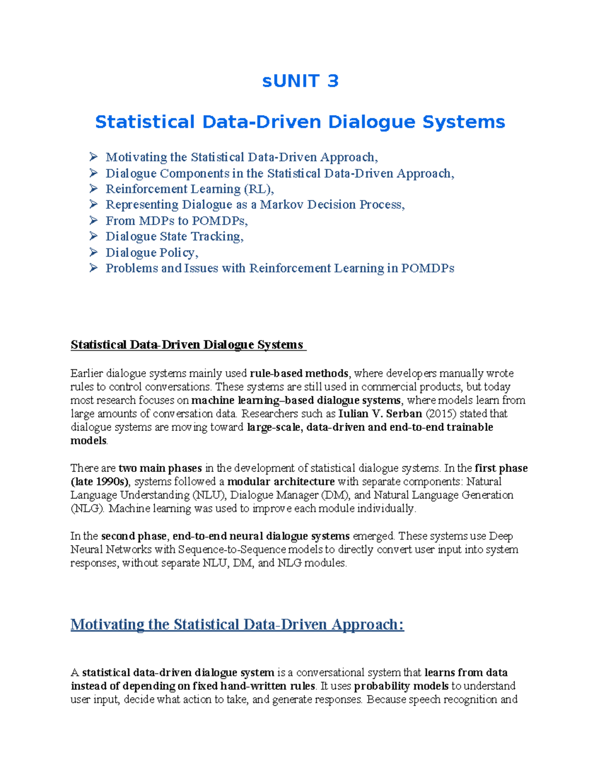 C-AI UNIT 3 - Statistical Dialogue Systems and Reinforcement Learning ...