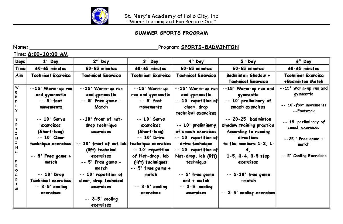 Summer Badminton Program - St. Mary’s Academy of Iloilo City, Inc ...