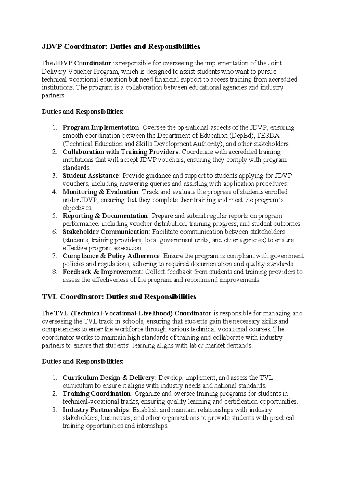 Duties & Responsibilities of JDVP & TVL Coordinator Roles - Studocu
