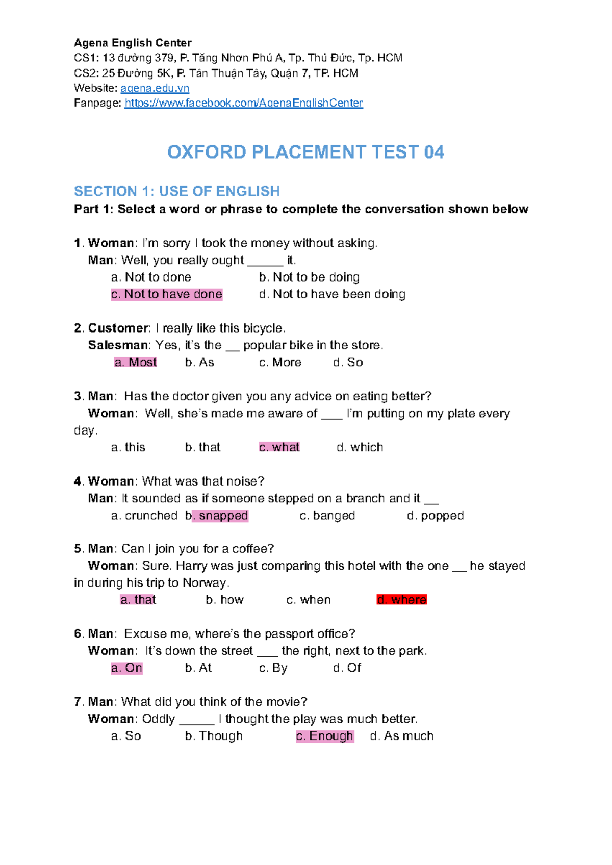 Oxford Placement Test 04 - Agena English Center - Studocu