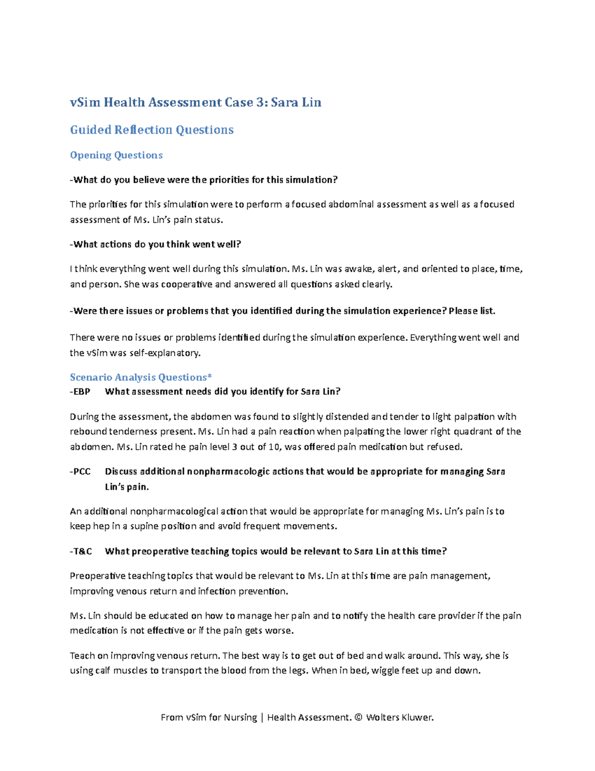 Guided Reflection on vSim Health Assessment Case 3: Sara Lin - Studocu