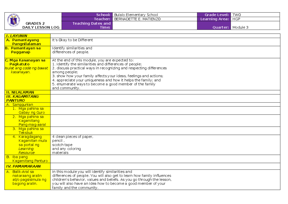 HG Module 3 - you can use it as reference - GRADES 2 DAILY LESSON LOG ...