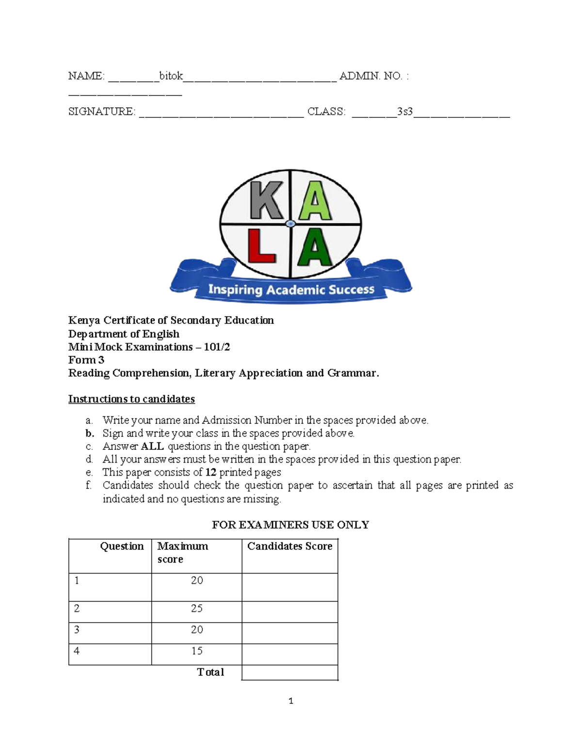 KALA FORM 3 Final Exam: English Mini Mock on Reading & Grammar - Studocu