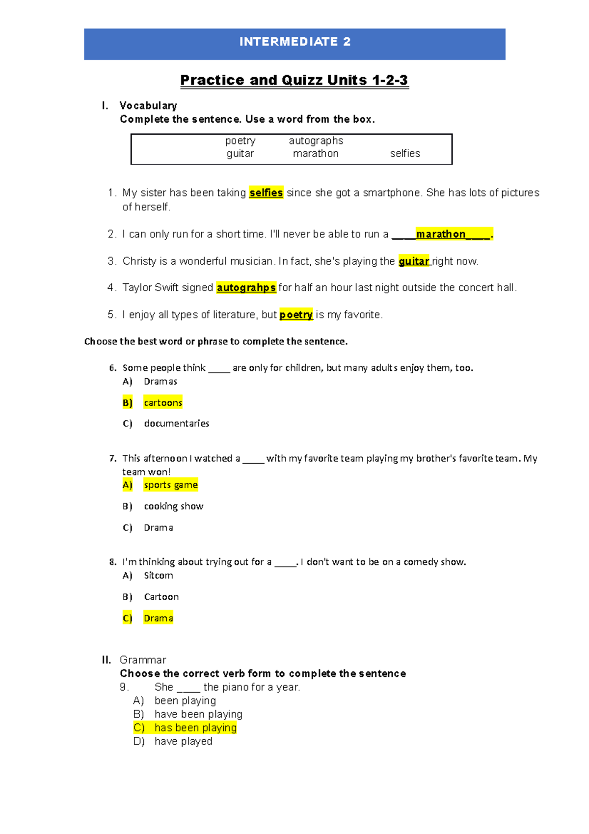 Practice Unit 1 - 2 - 3 Quizz - Practice and Quizz Units 1-2- I ...