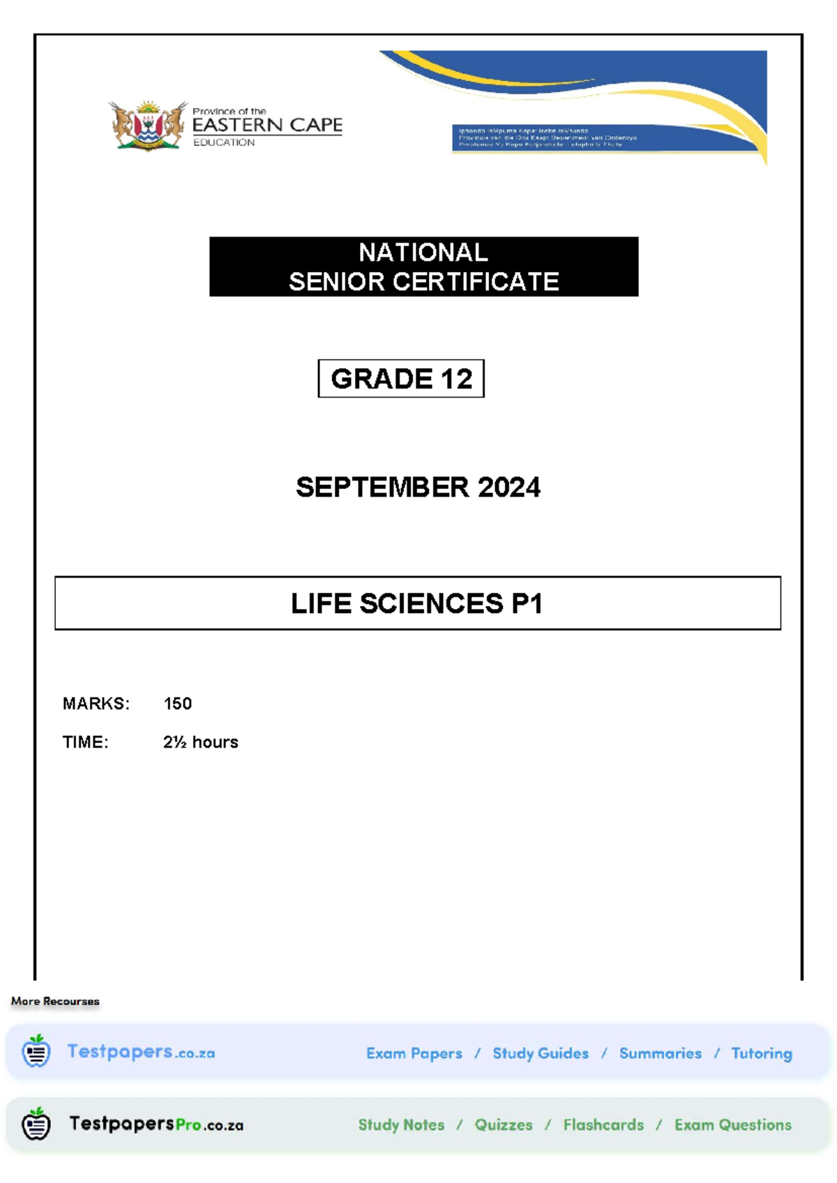 LIFE SCIENCES P1 GR12 SEPT 2024 Question Paper - Studocu