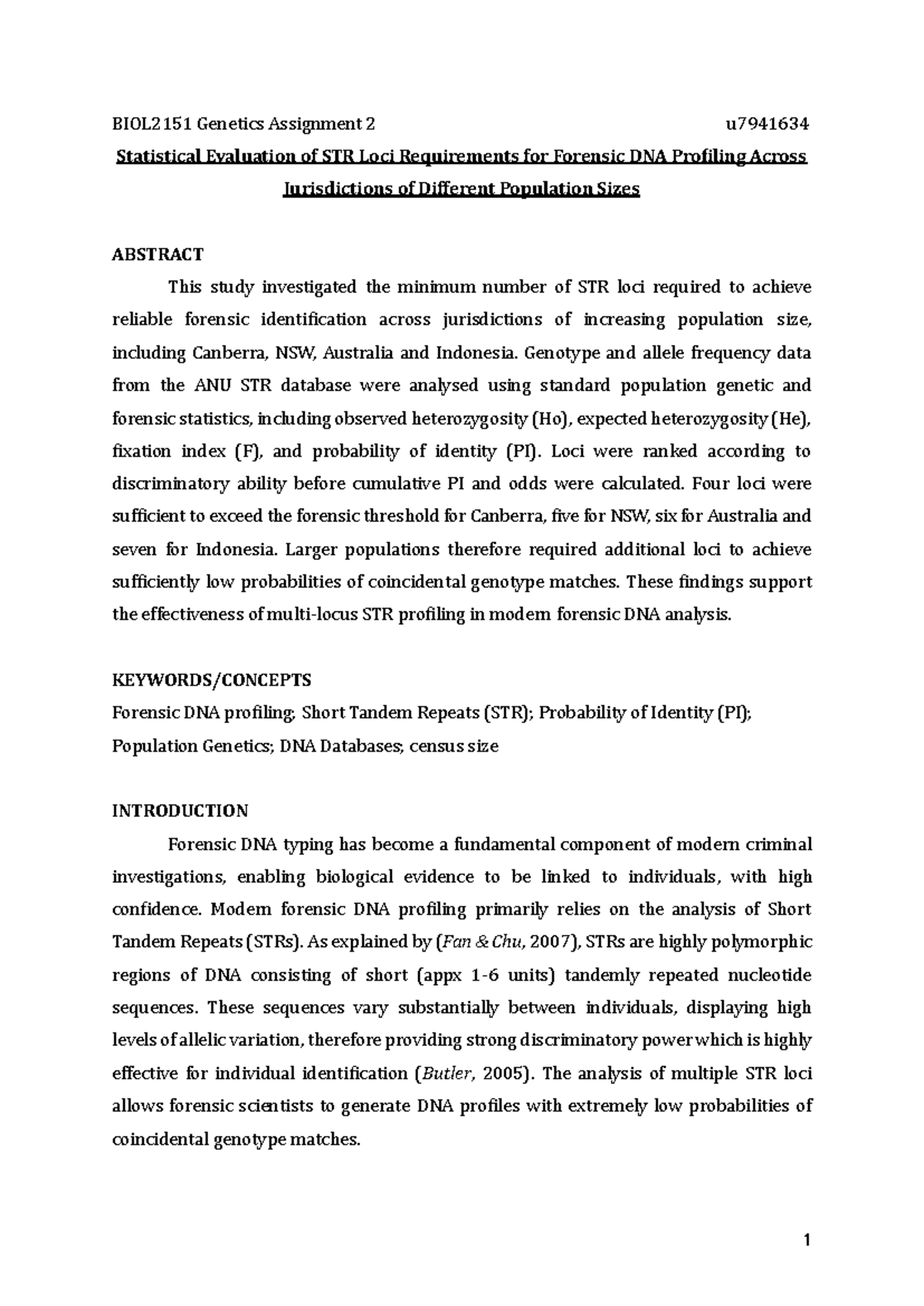 BIOL2151 Genetics Assignment 2: Evaluating STR Loci for Forensic DNA ...
