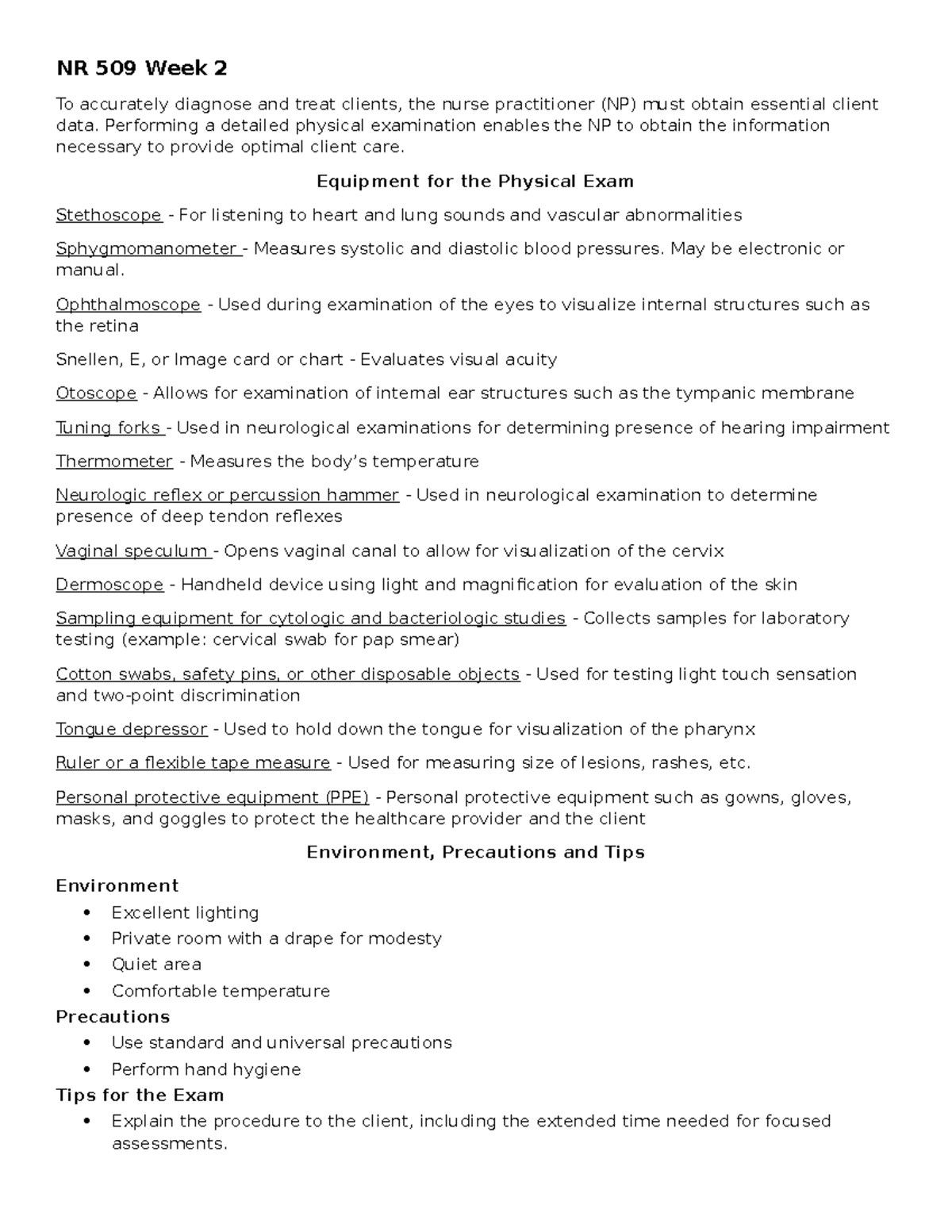 NR 509 Week 2 Comprehensive Physical Examination Notes - Studocu