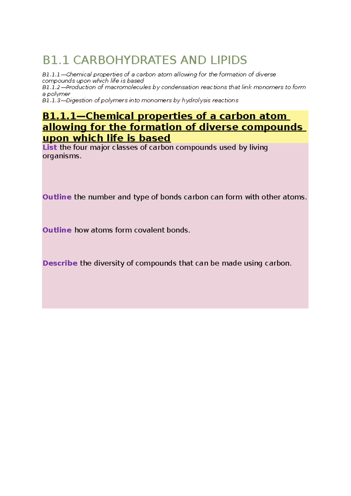 B1.1 Carbohydrates and Lipids: Properties, Reactions, and Structures ...