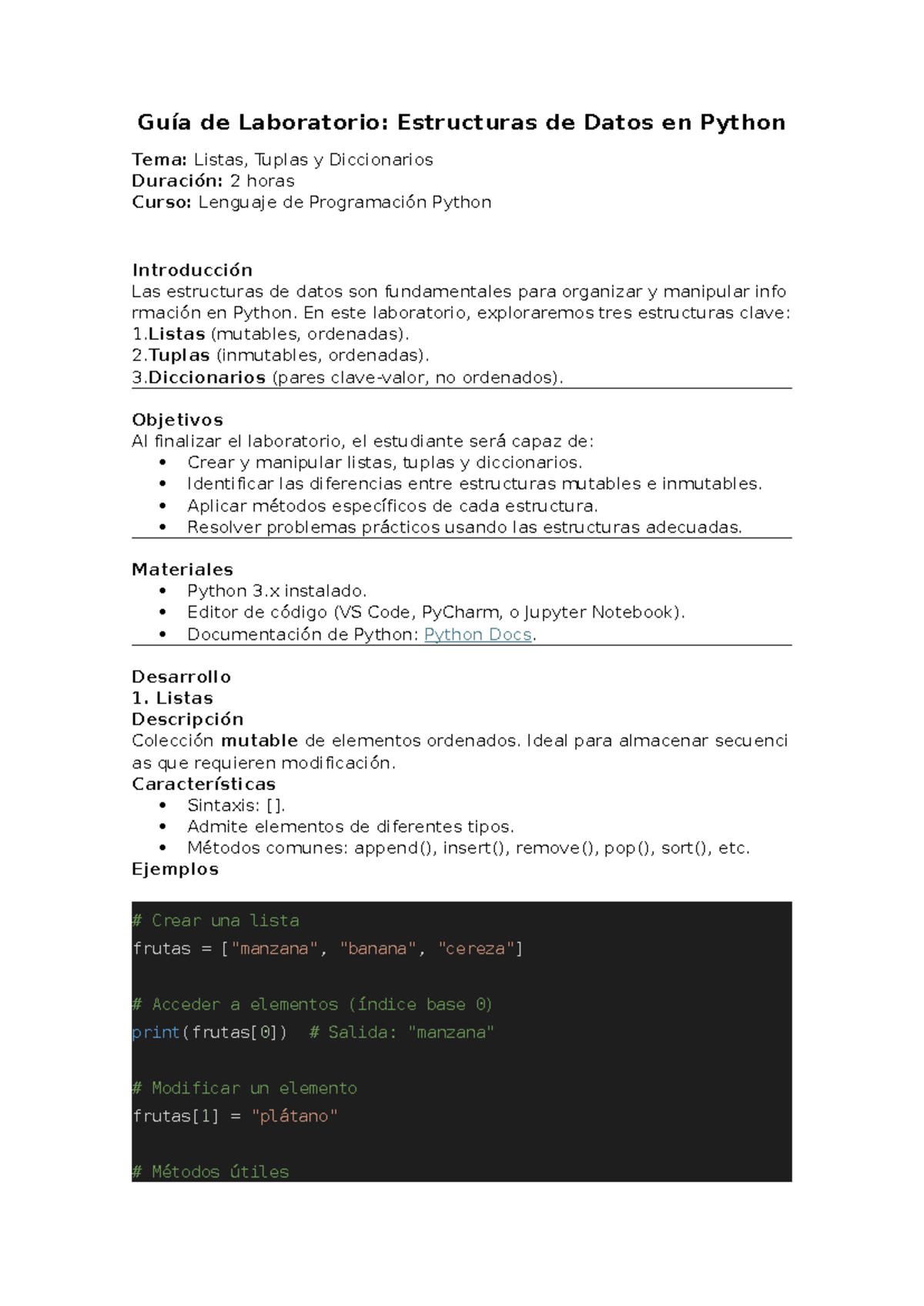 Guía de Laboratorio: Estructuras de Datos en Python (Listas, Tuplas, - Studocu