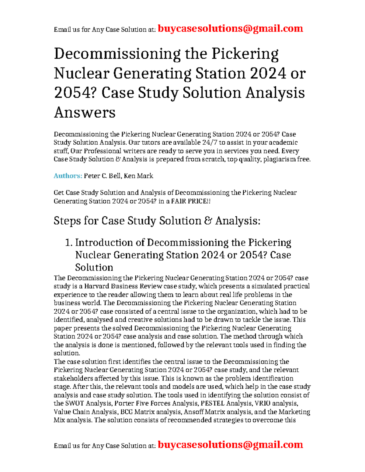 Case Study Analysis: Decommissioning the Pickering Nuclear Station HBR ...