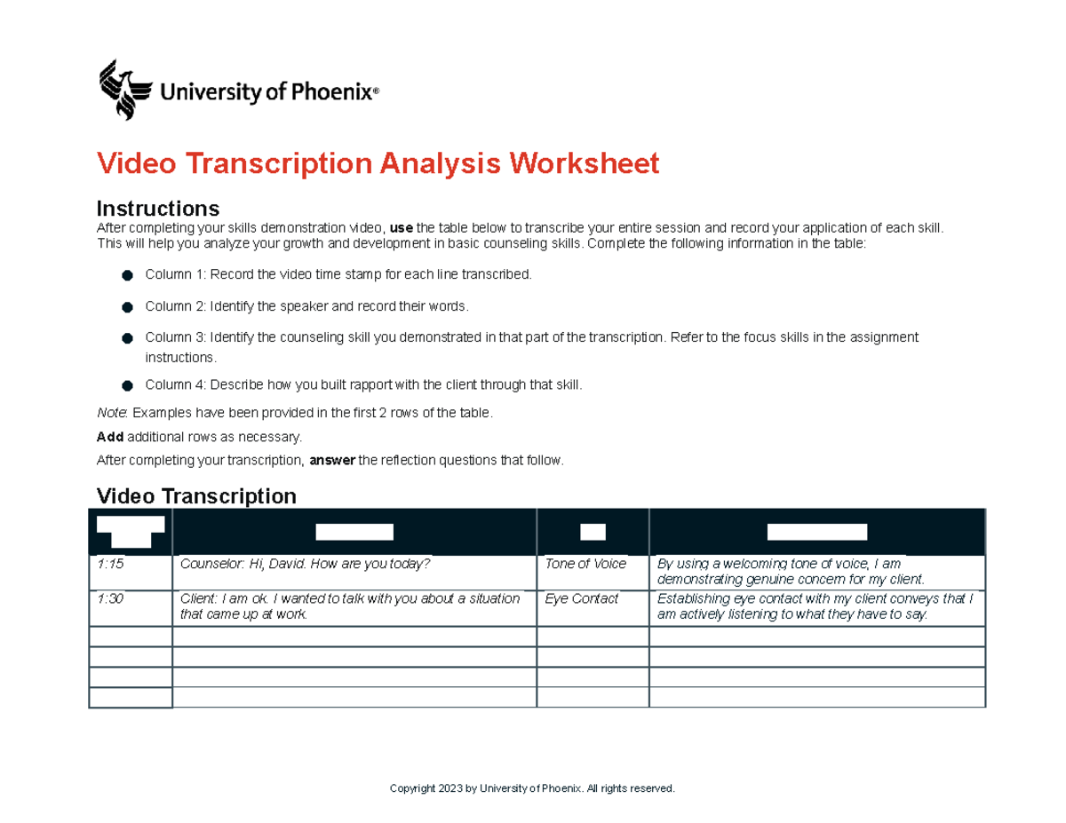 Video Transcription Analysis Worksheet for Counseling Skills - Studocu