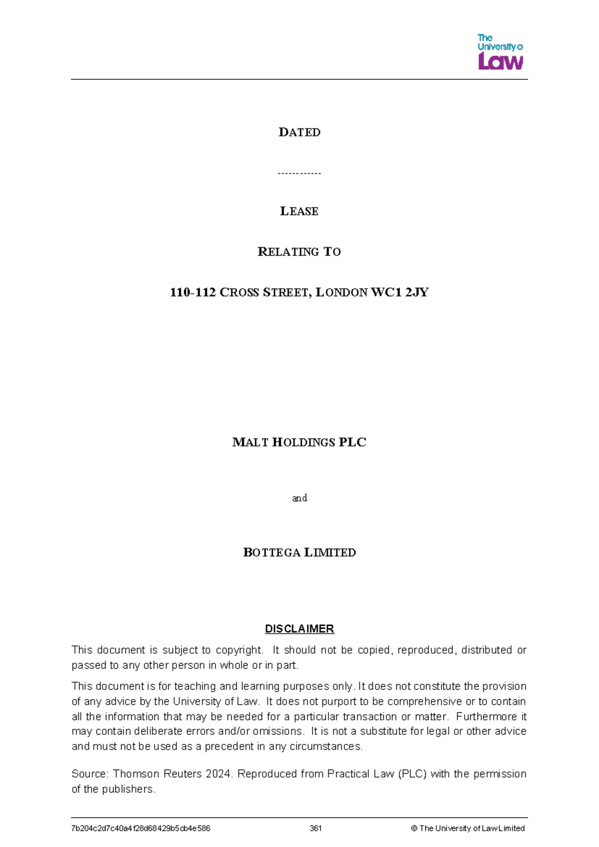 Lease Agreement for Cross Street Property: Malt Holdings PLC & Bottega ...