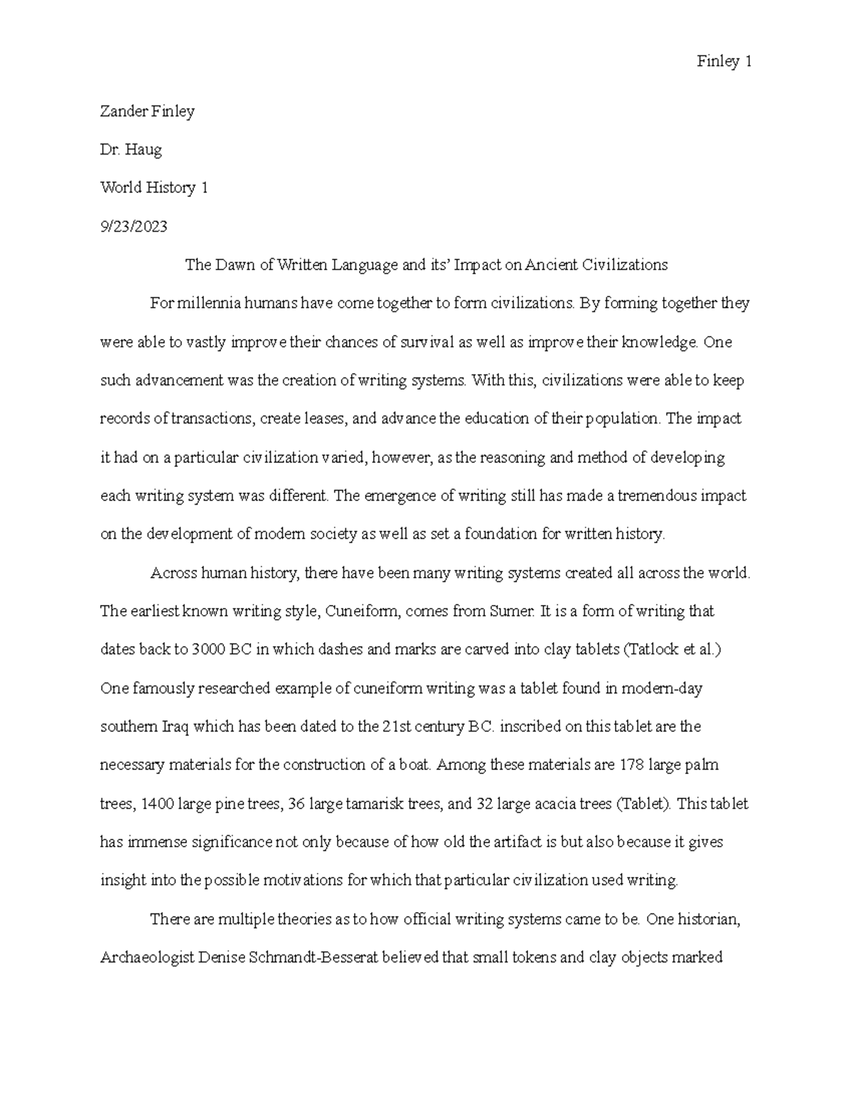 History pape - first paper - Zander Finley Dr. Haug World History 1 9 ...