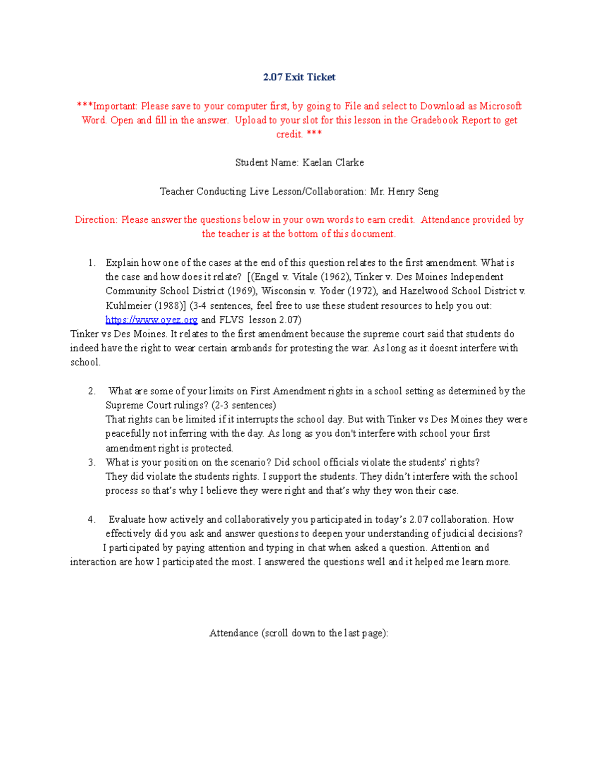 2.07 Exit Ticket: First Amendment Case Analysis by Kaelan Clarke - Studocu