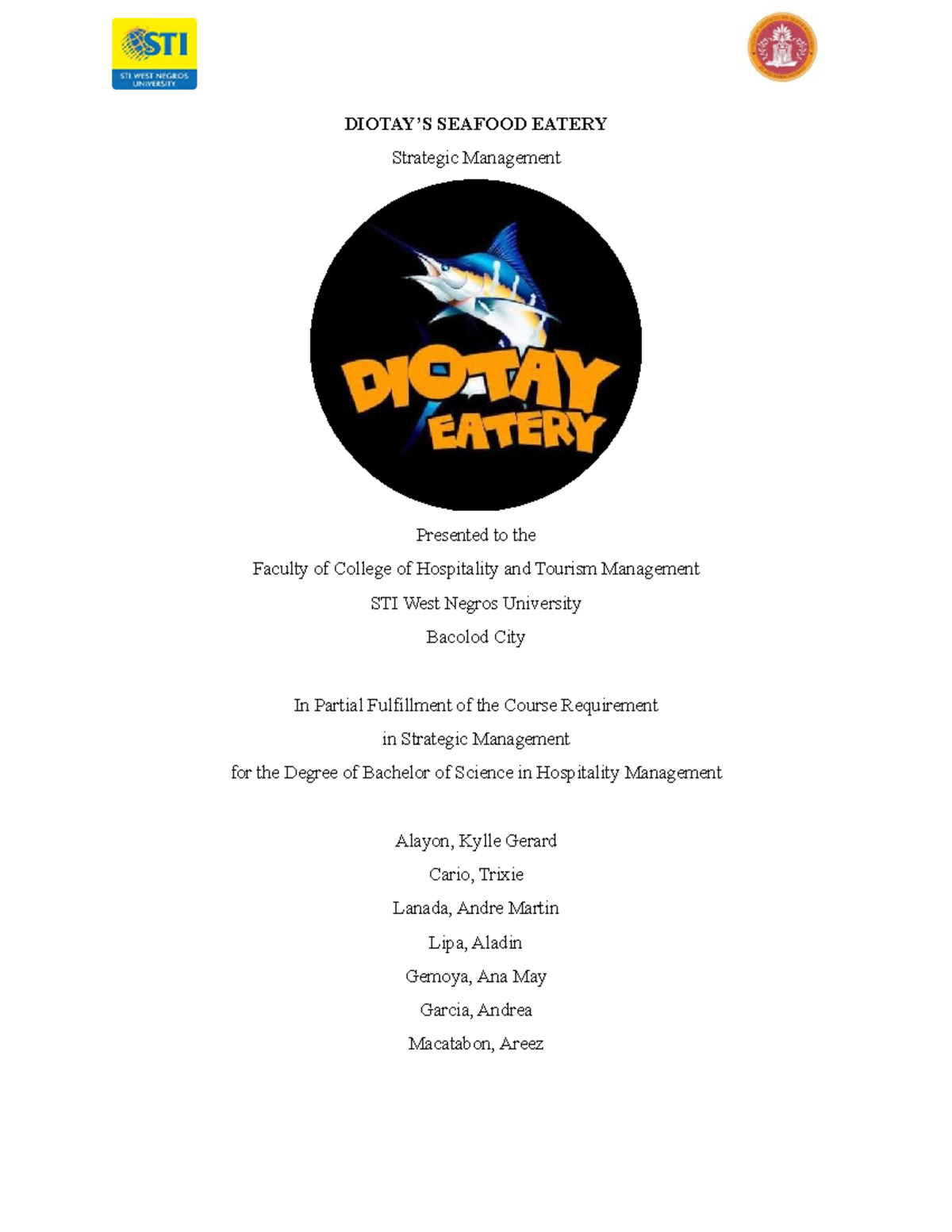 Diotay's Seafood Eatery Strategic Management Plan - Final Report - Studocu