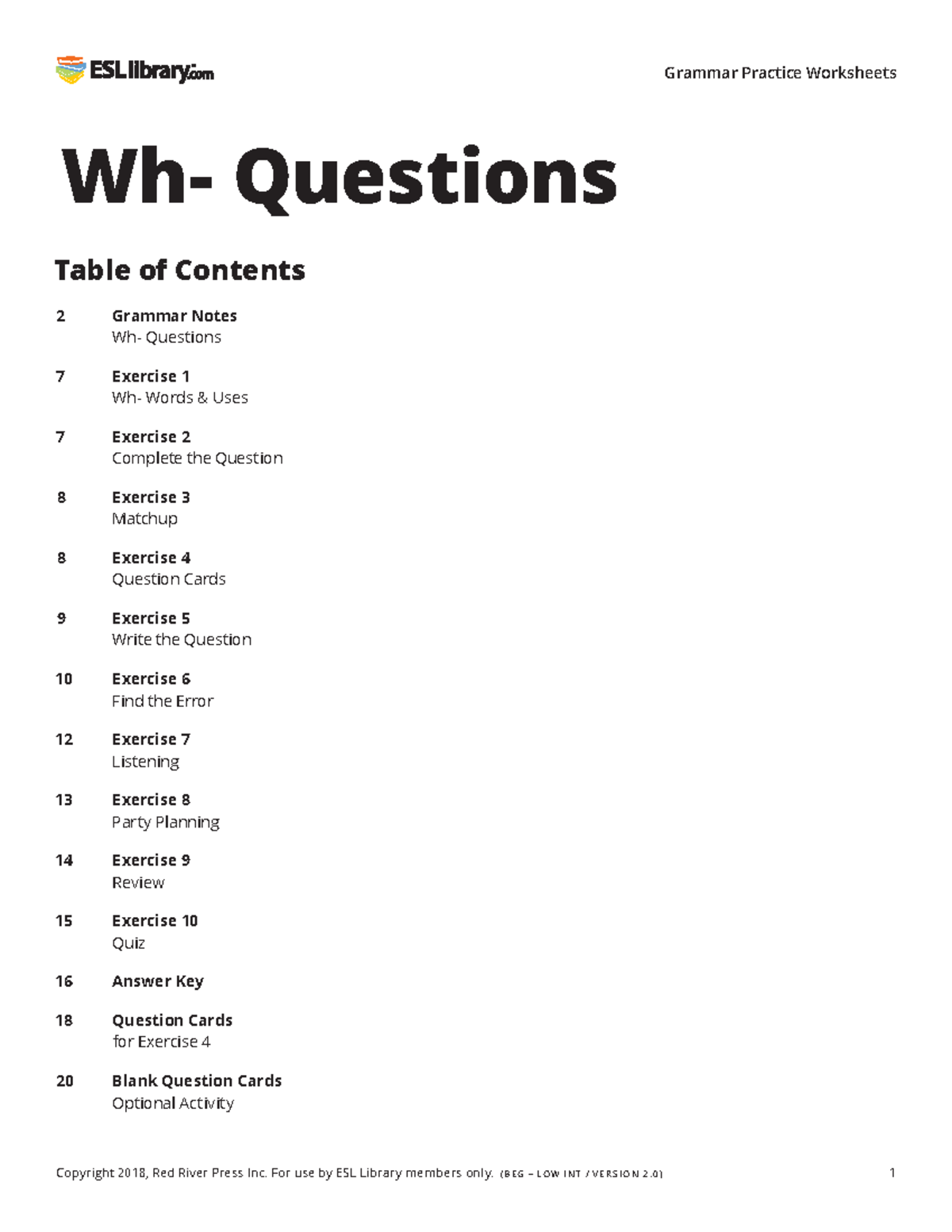 Wh- Questions Practice ESL Library 2: Worksheets & Exercises - Studocu