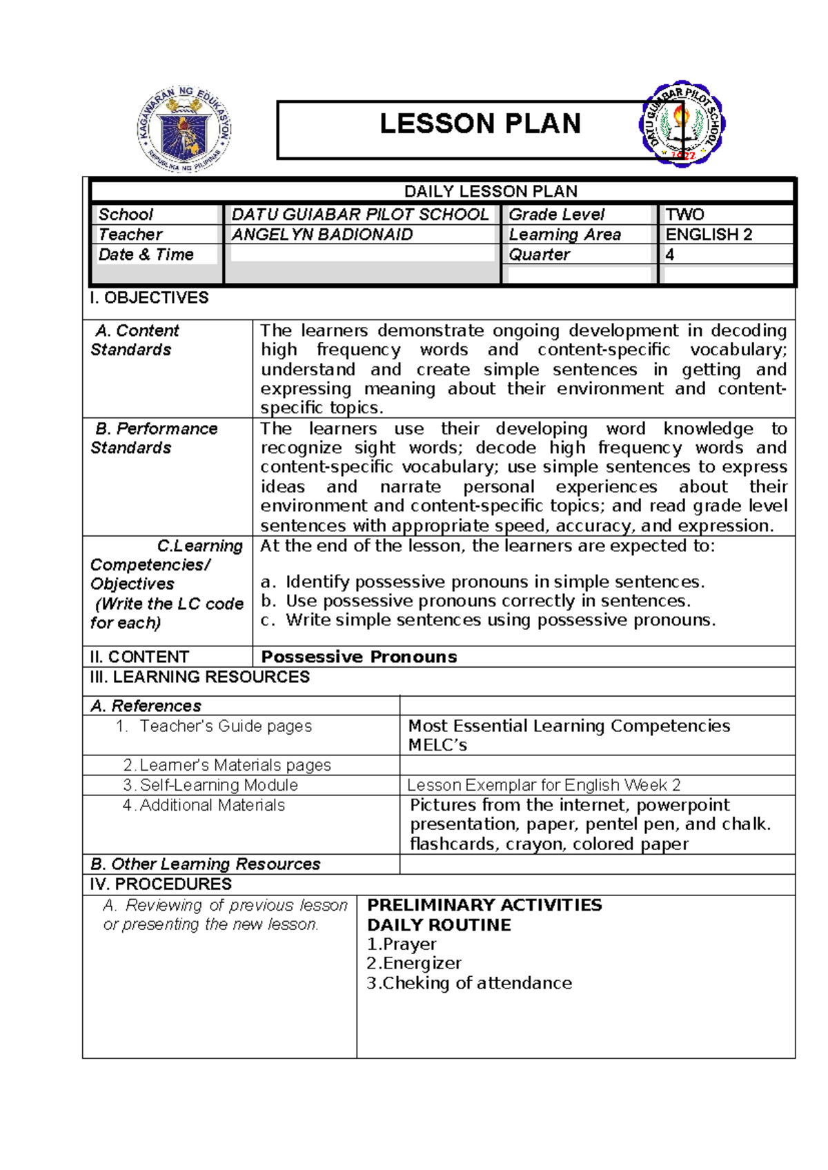 ENGLISH 2 Lesson Plan: Understanding Possessive Pronouns - Studocu