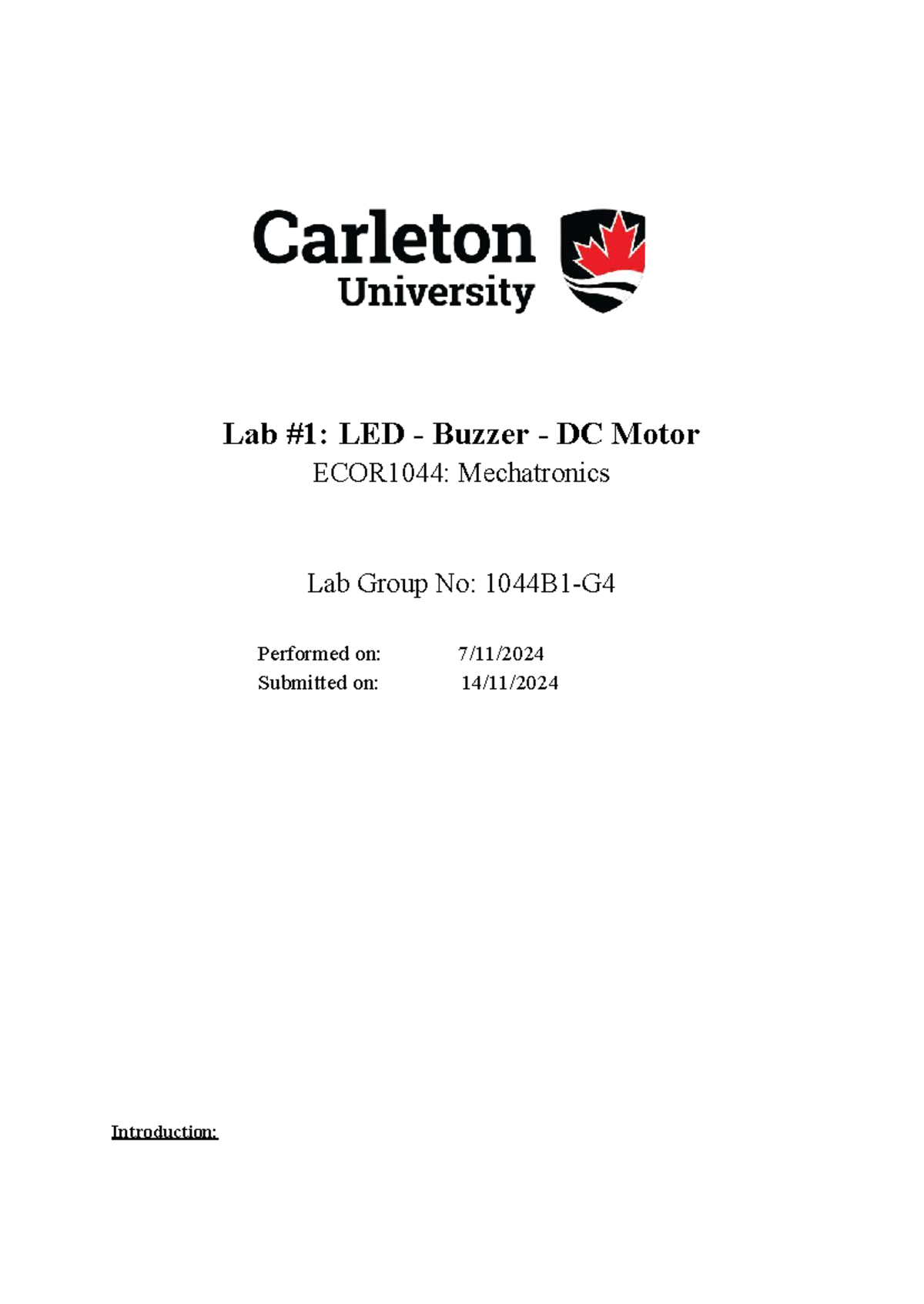 Lab #1: LED, Buzzer, and DC Motor Control ECOR1044 - Studocu