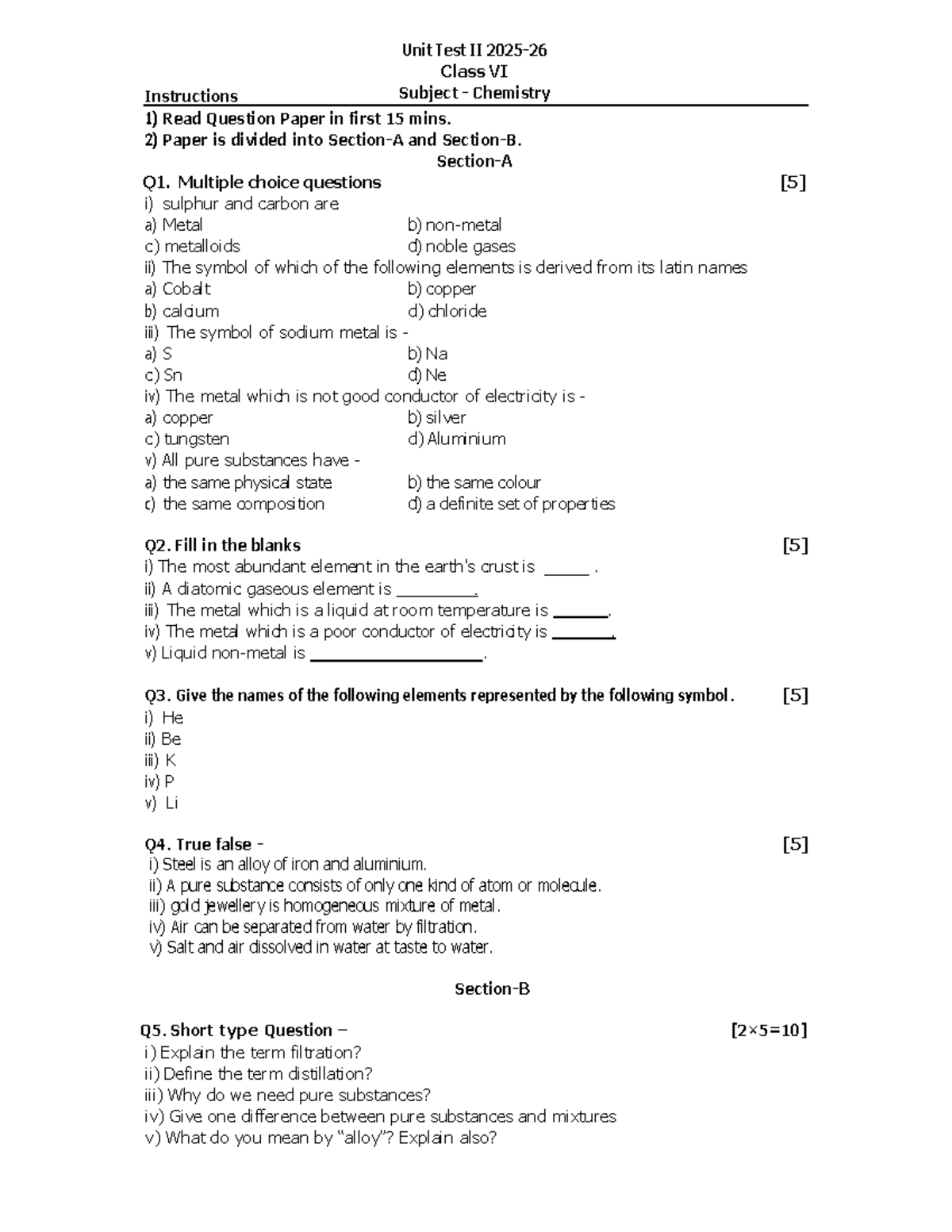 VI Chemistry Unit Test II 2025-26: Questions & Instructions - Studocu