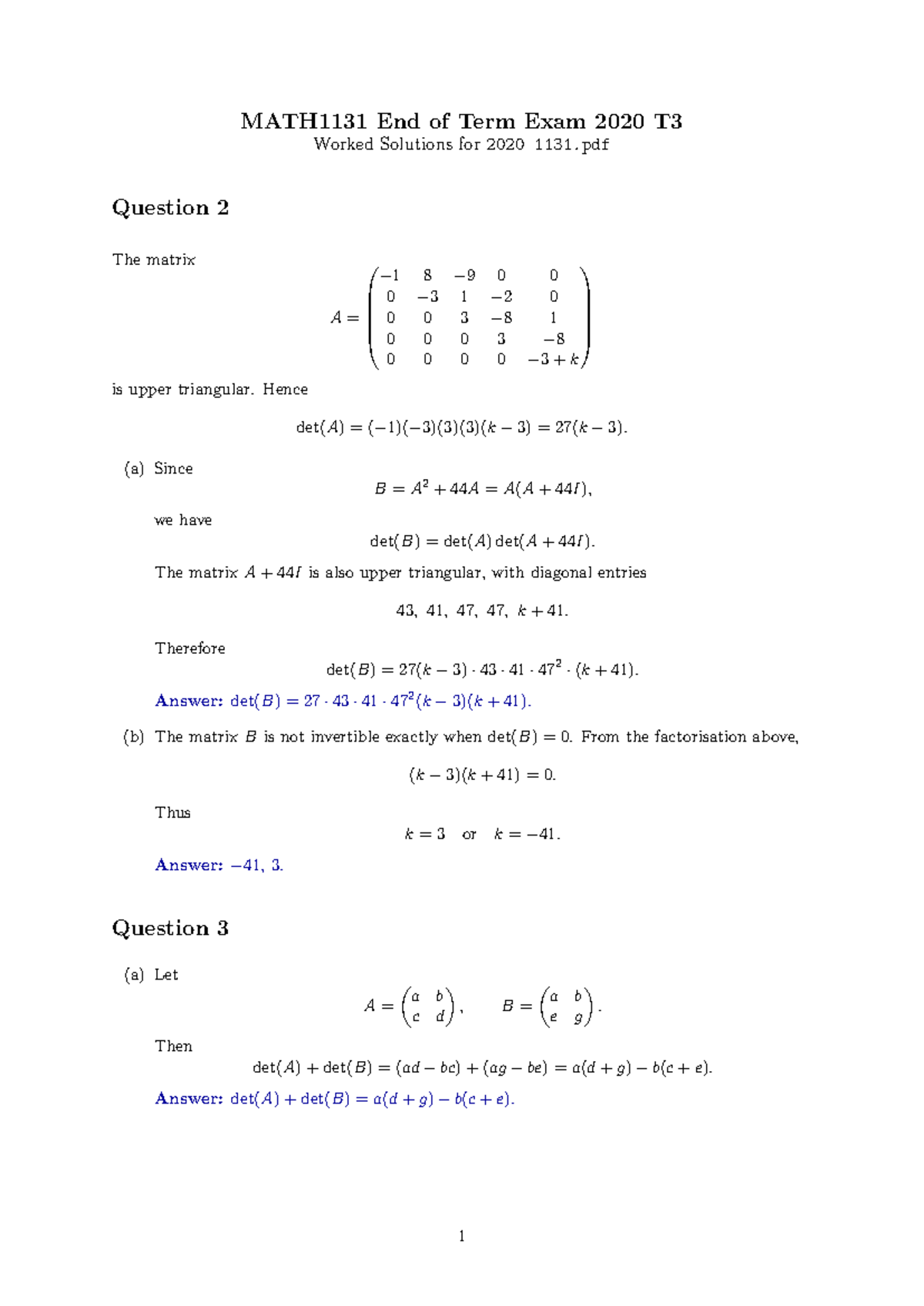 MATH1131 Final Exam 2020 T3 Worked Solutions - Studocu