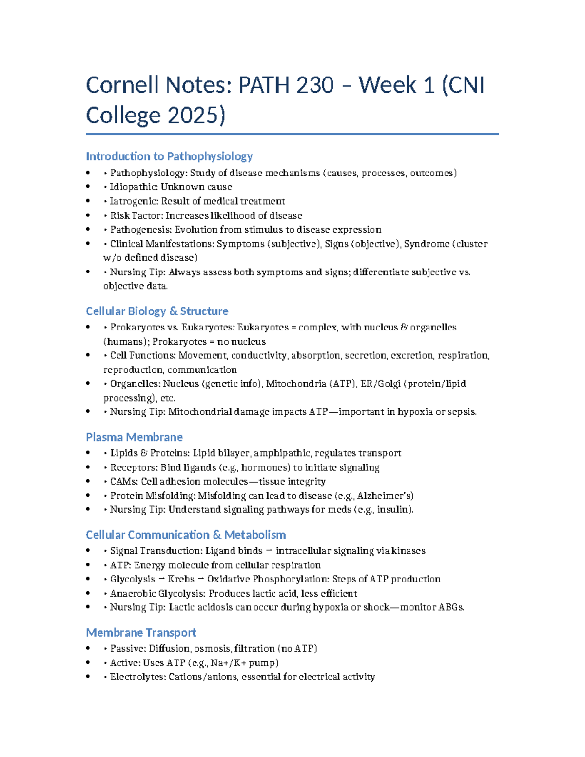 PATH 230 Week 1 Cornell Notes: Intro to Pathophysiology Concepts - Studocu