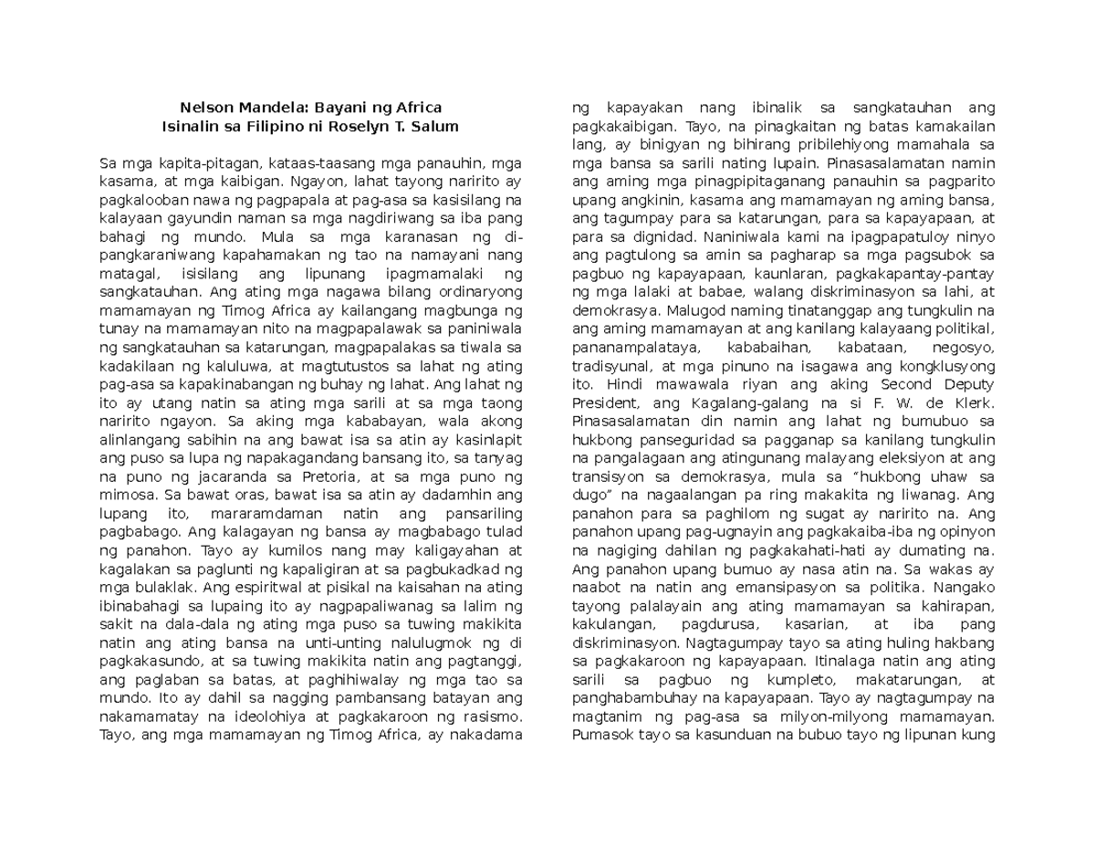 Nelsaon Mandela - none - Nelson Mandela: Bayani ng Africa Isinalin sa Filipino ni Roselyn T ...