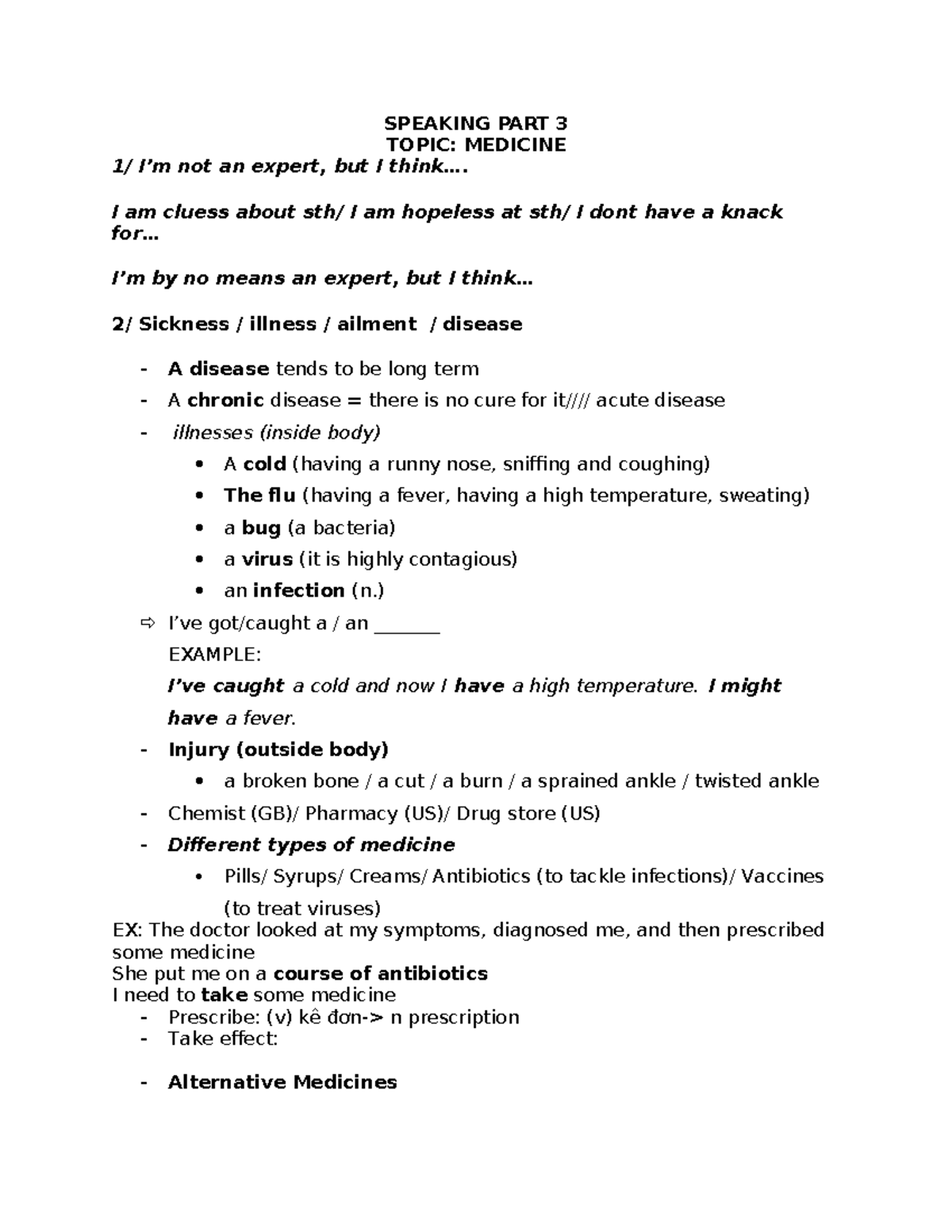 SPEAKING PART 1: MEDICINE TOPICS AND ALTERNATIVE APPROACHES - Studocu