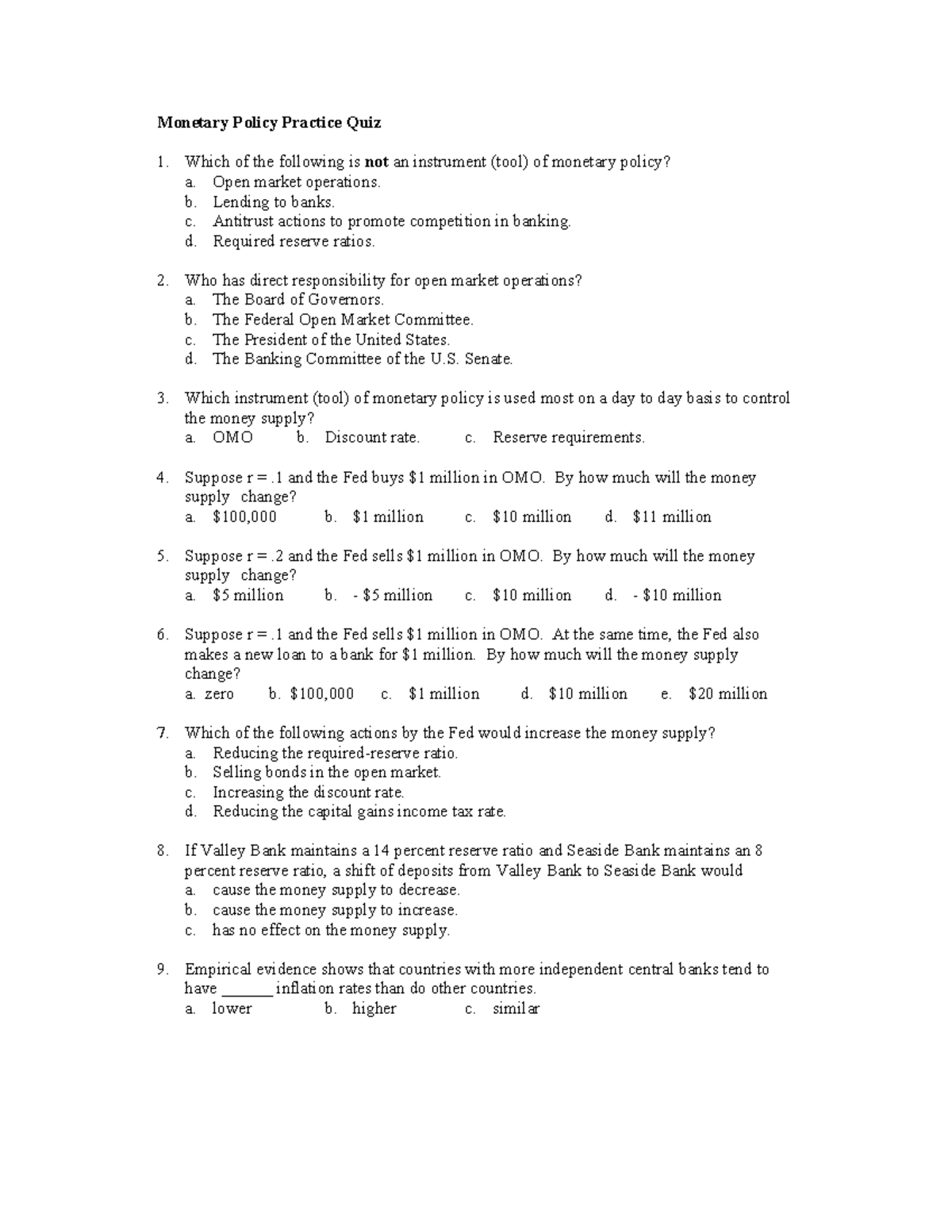 Monetary Policy Practice Quiz 1: Key Concepts and Tools Explained - Studocu
