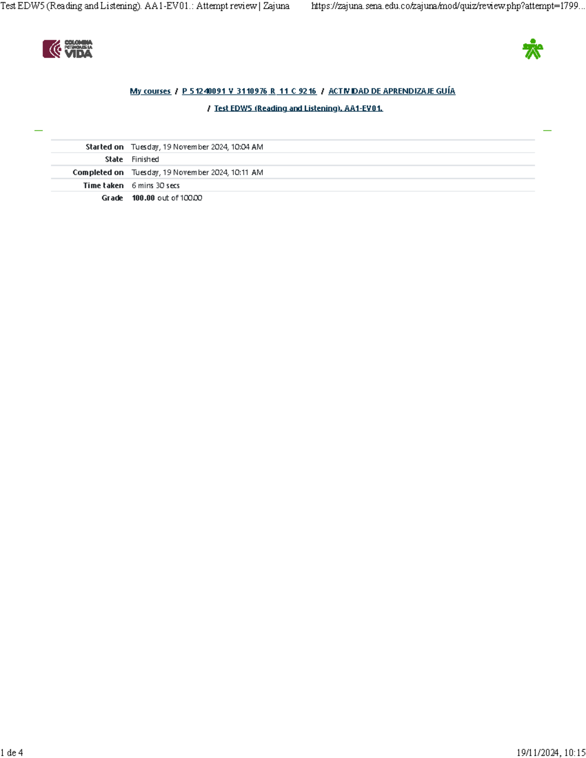 Test EDW5 (Reading & Listening) AA1-EV01: Attempt Review by Zajuna ...