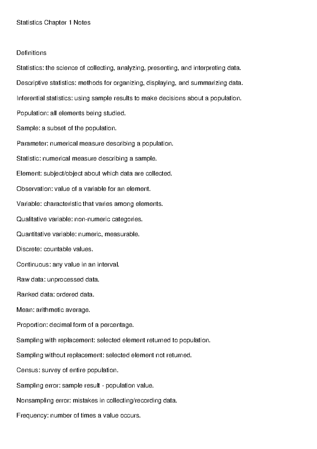 Statistics 101: Chapter 1 Notes & Definitions - Studocu