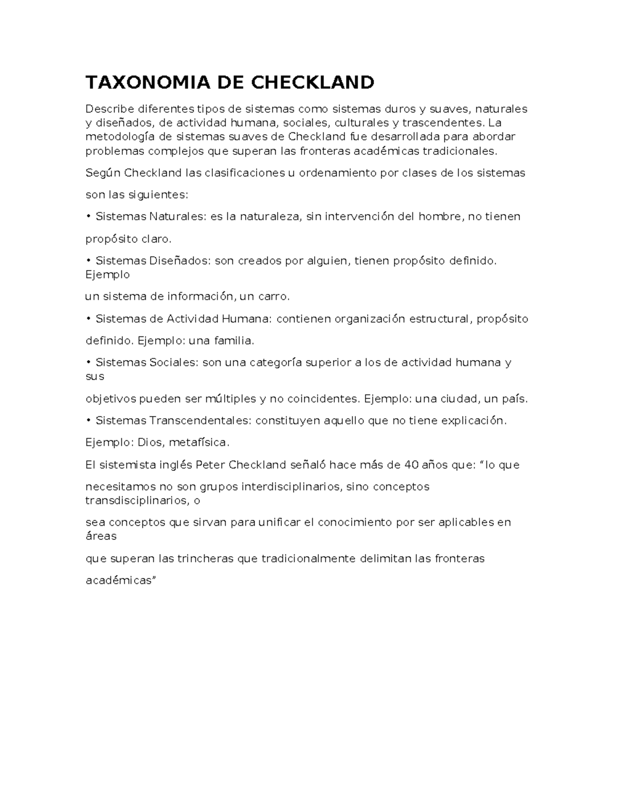 Taxonomía de Sistemas Según Checkland - Estudio de Tipos de Sistemas ...