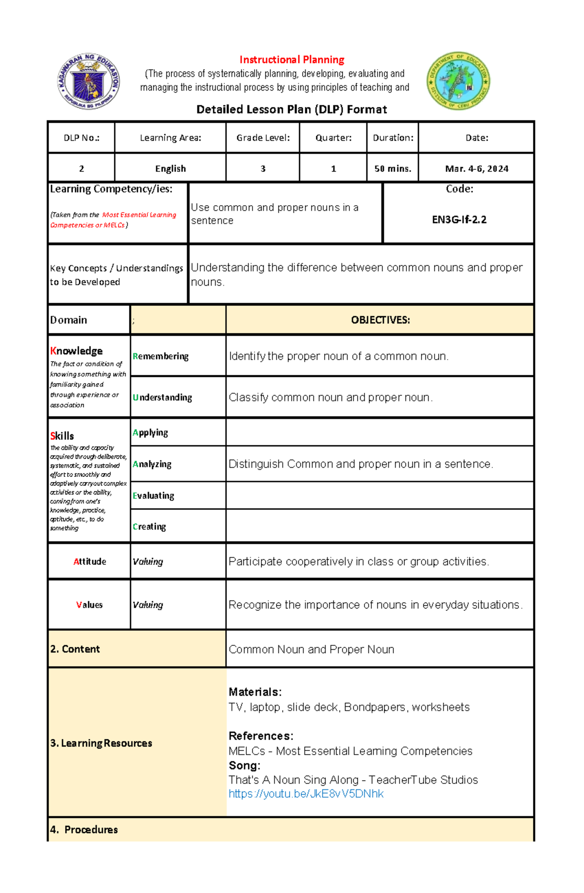 ENG3 DLP on Common and Proper Nouns: Lesson Plan & Activities - Studocu