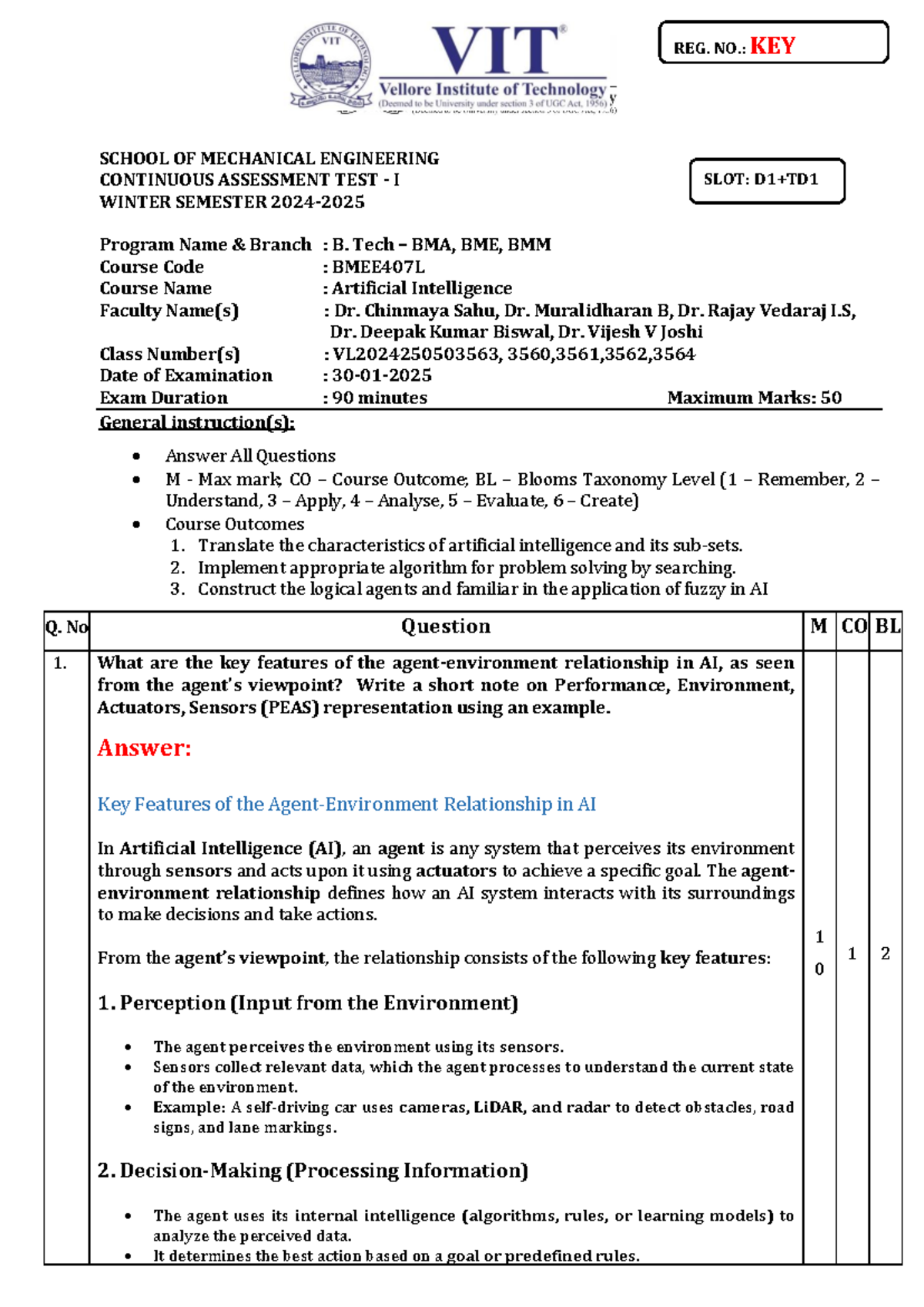 D1-CAT1-KEY-BMEE407L-Continuous Assessment Test on AI - Studocu
