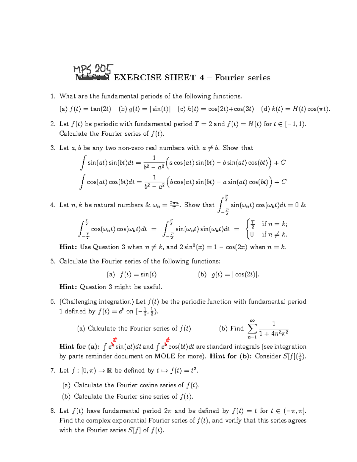 MAS241 Exercise Sheet 4: Fourier Series Fundamentals and Calculations ...