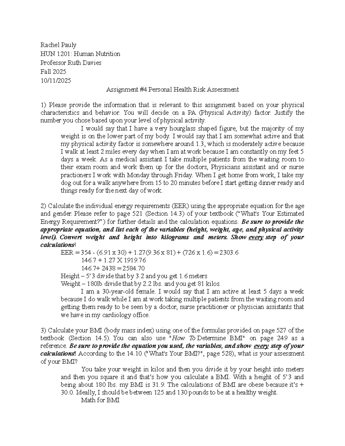 HUN 1201: Personal Health Risk Assessment - Fall 2025 - Studocu