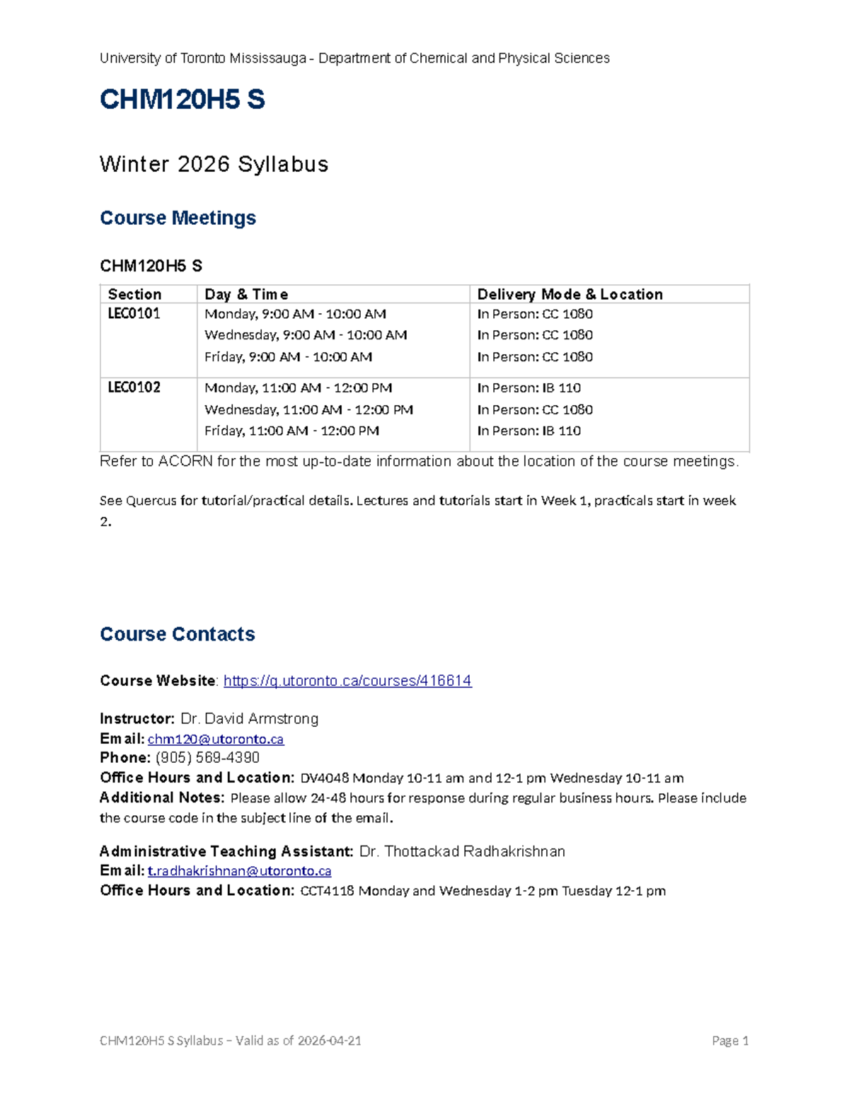 CHM120H5 S Winter 2026 Course Syllabus and Meeting Details - Studocu