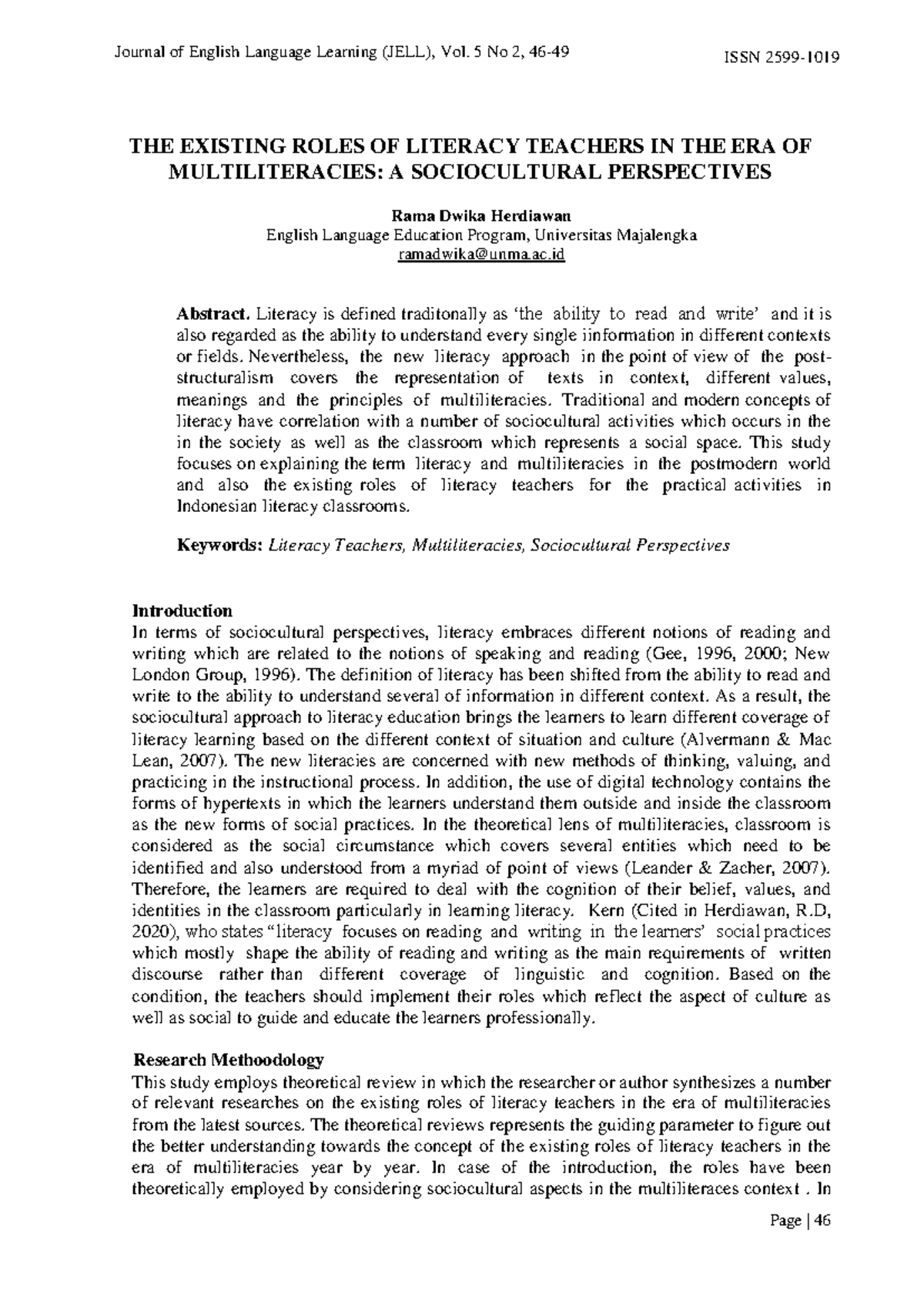 THE Existing Roles OF Literacy Teachers IN THE ERA OF Multiliteracies ...