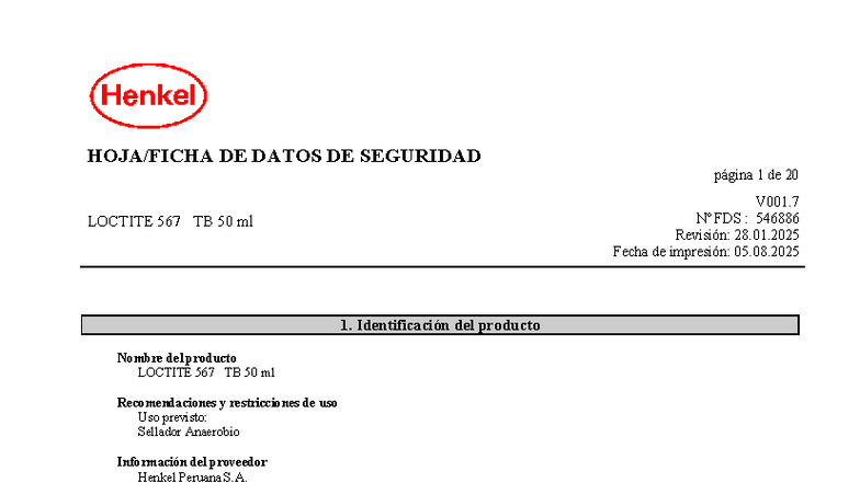 HS Loctite 567 - FDS - HOJA/FICHA DE DATOS DE SEGURIDAD página 1 de 20 ...
