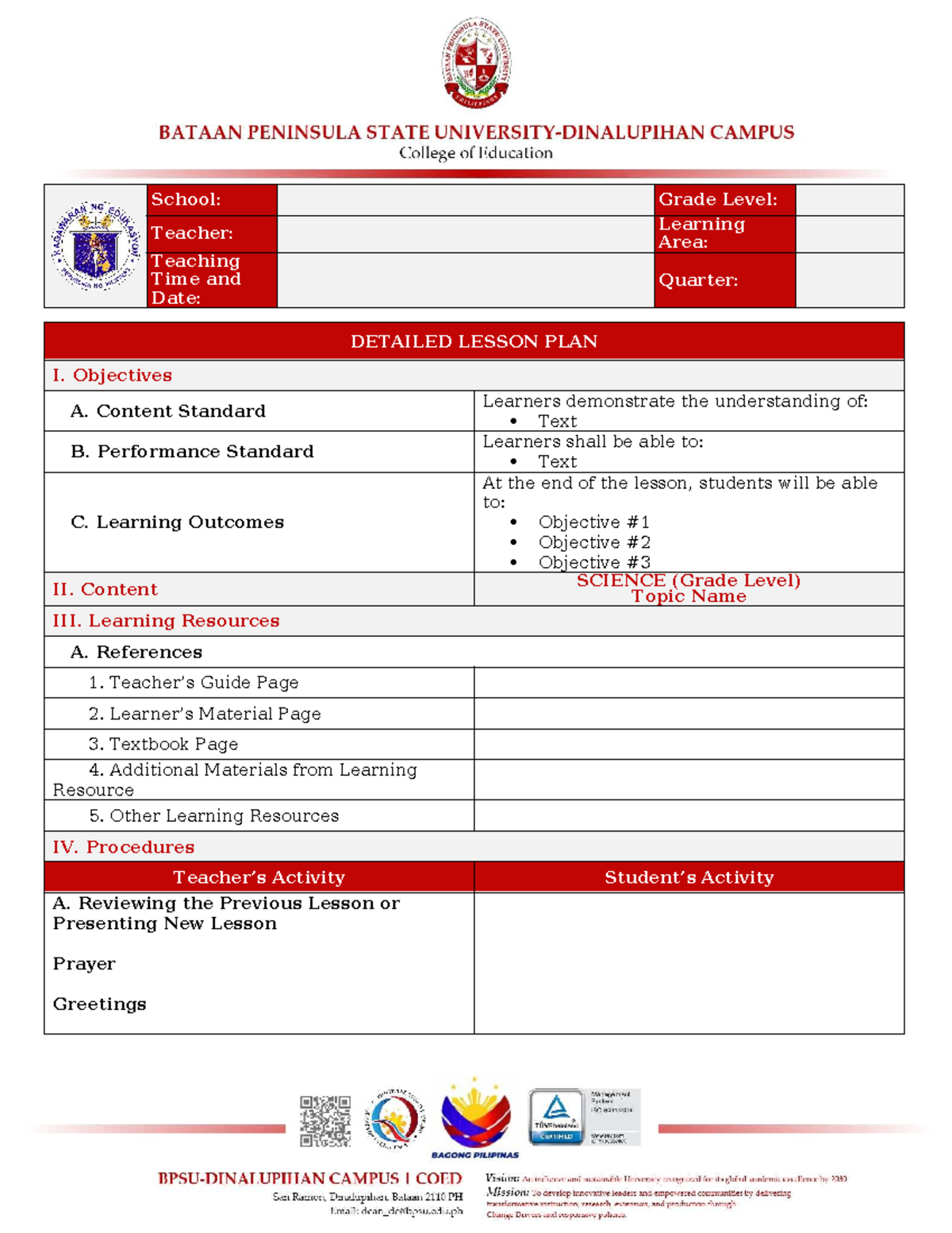 Detailed Lesson Plan Template for SCIENCE (Grade Level) - Studocu